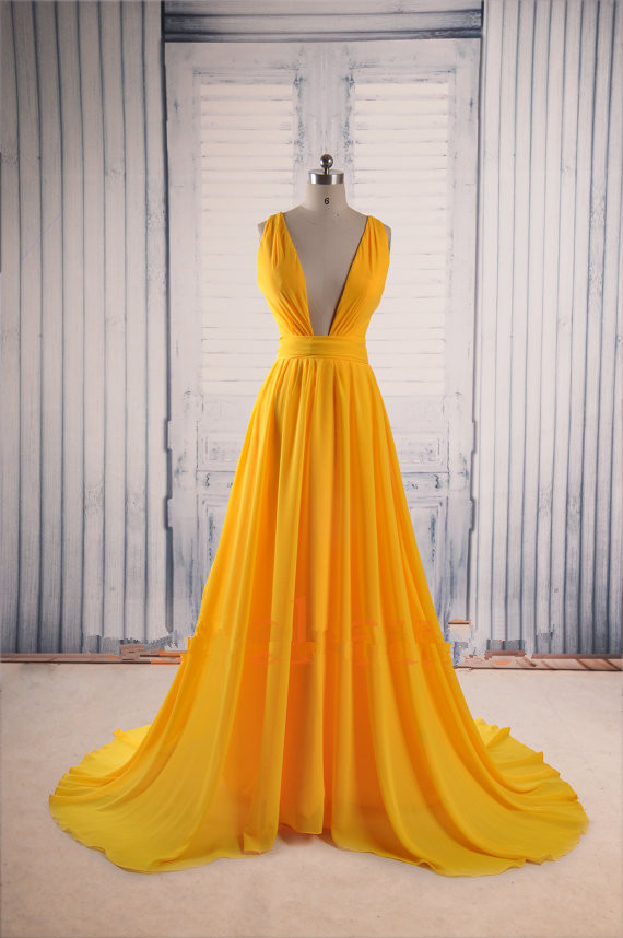 Yellow Prom Dresses,Backless Prom Gown,Open Back Evening Dress,Chiffon ...